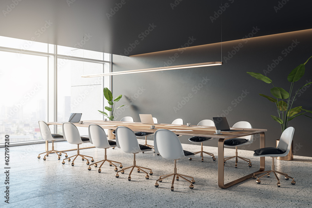 Perspective view of empty modern conference room with office table and ...