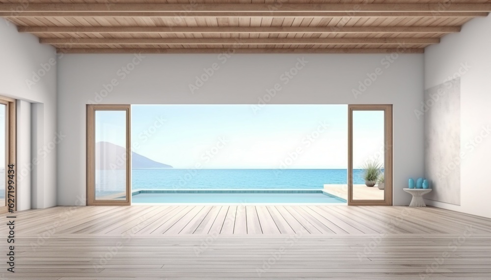 Sea view empty large living room of luxury summer beach house with ...