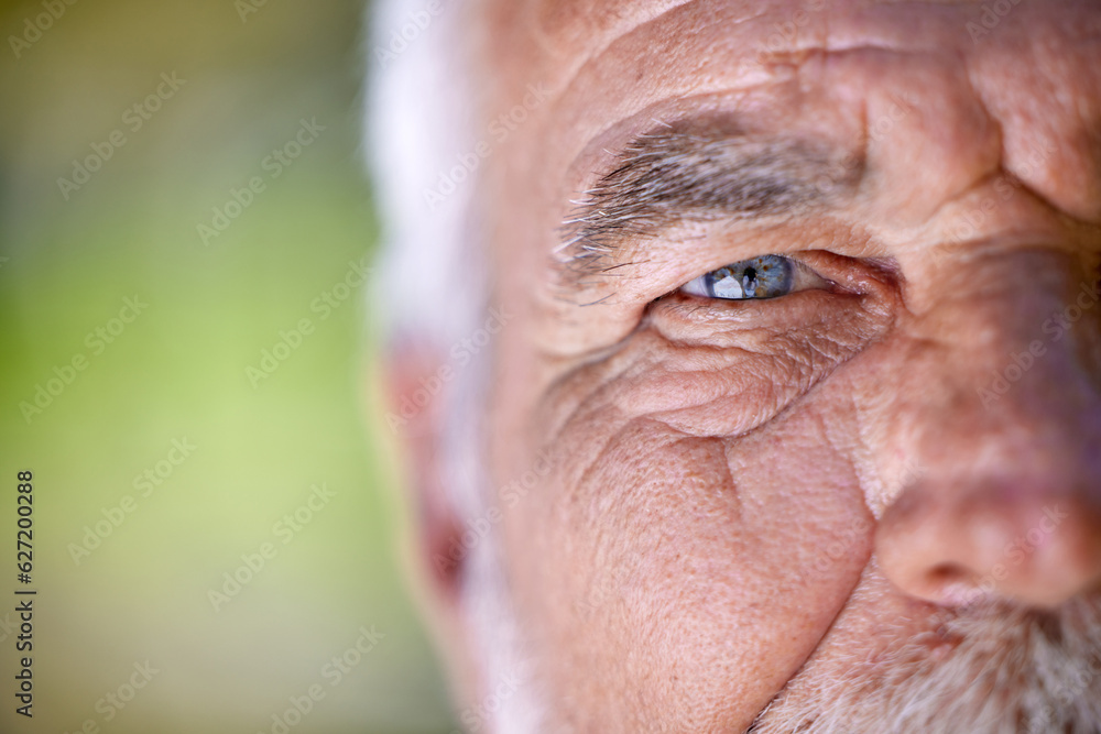 Eyes, vision and old man, face closeup and wisdom with focus, insight ...