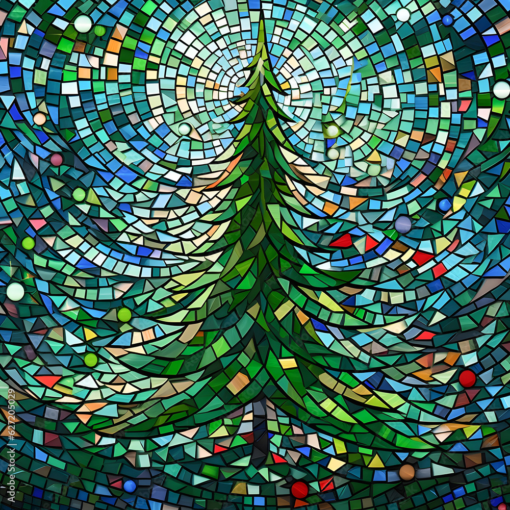Christmas tree as a stained glass mosaic art with colourful pieces ...