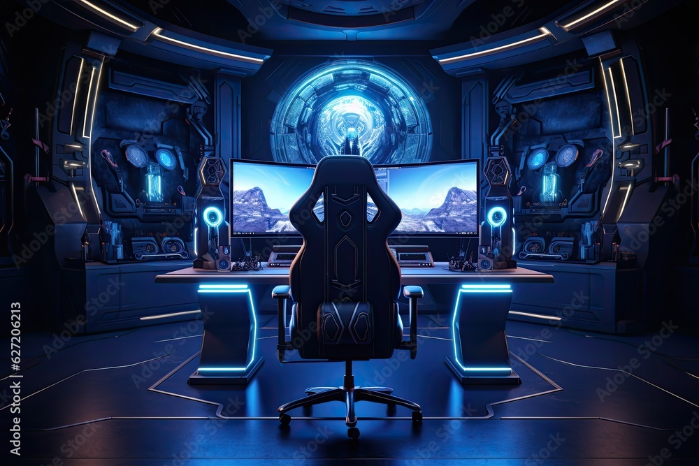 Spaceship interior with computers and screens 3D rendering elements, 3D ...