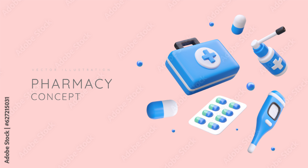 Pharmacy medical kit with realistic 3d medical equipment. Collection ...