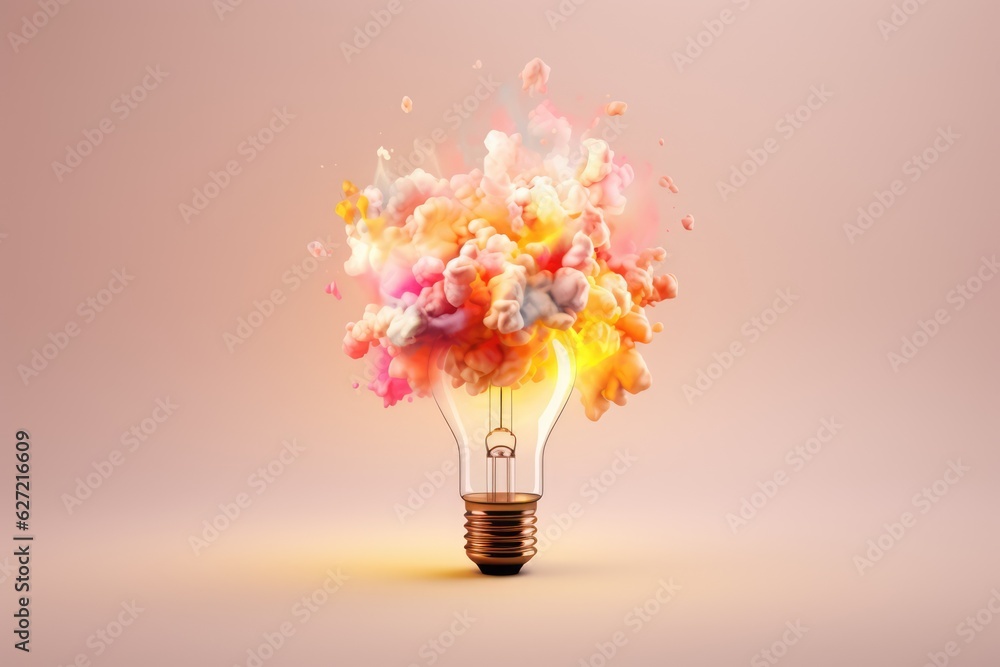 Light bulb with colour explosion on pink background, created using ...