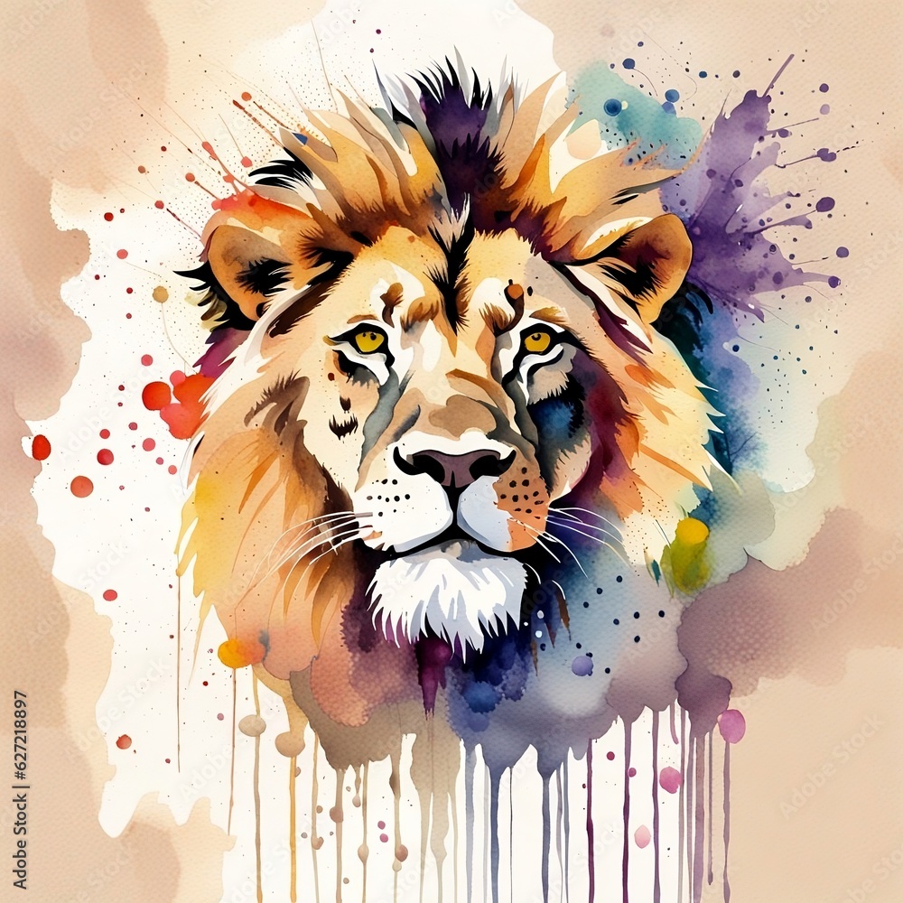 A watercolor painting of a lion's head with watercolor splashes. The ...