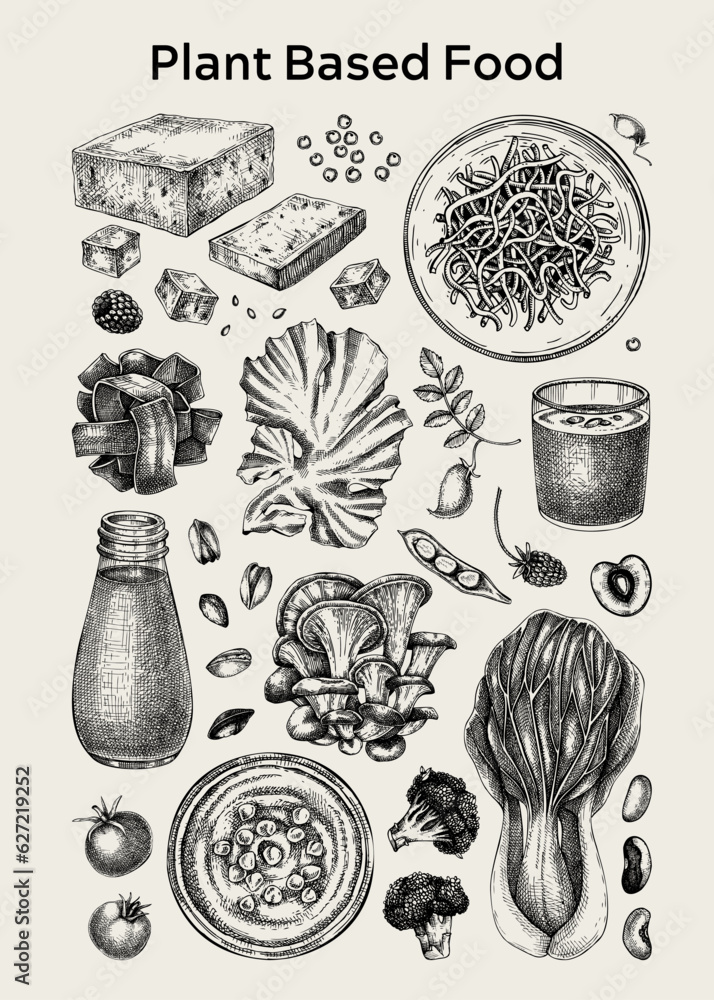 Plant-based products set. Vegan food poster design. Tofu, plant milk ...