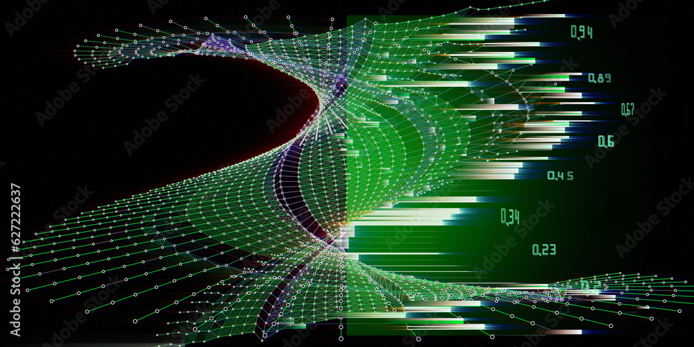 Abstract background twisting spiral wireframe grid and data lines on ...