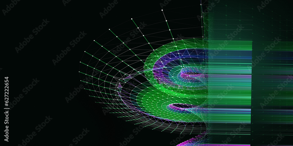 Abstract background twisting wireframe grid from dots and blurred lines ...