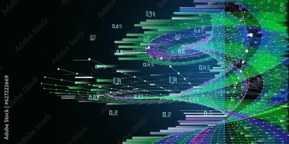 Abstract background twisting wireframe grid from dots and blurred data ...