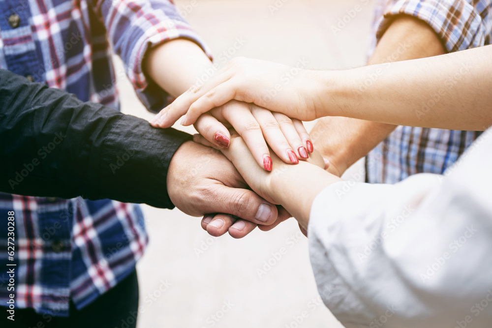 friendship People partnership teamwork stacking hands on white ...
