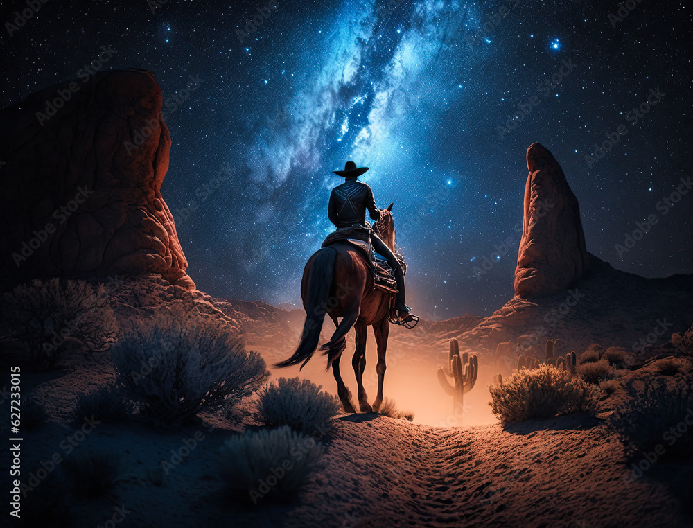 A Western Cowboy, surrounded by the serene desert, rides his horse ...