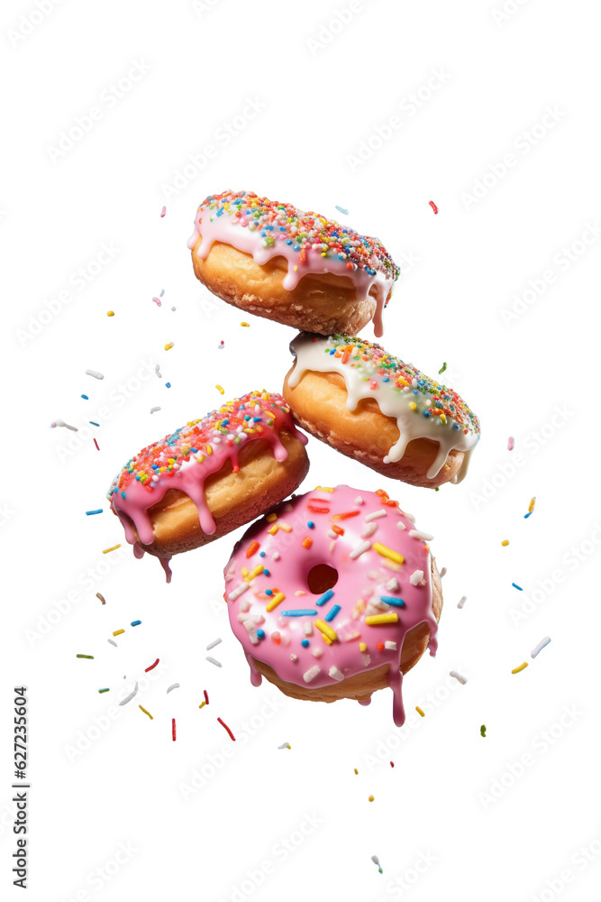 Colourful decorated donuts falling in motion isolated on white ...
