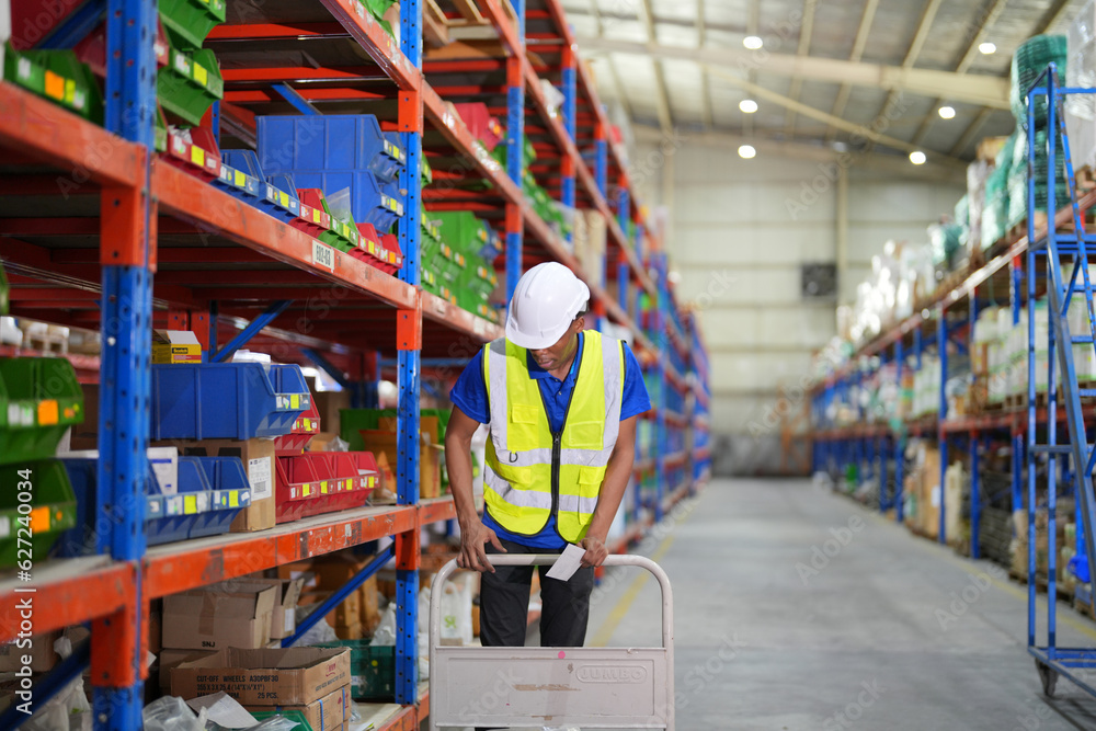 Worker working in large warehouse holding paper chart check list ...