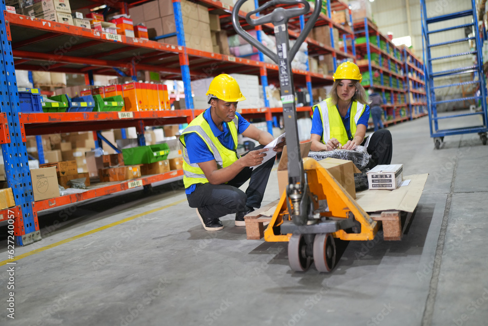 Worker working in large warehouse holding paper chart check list ...