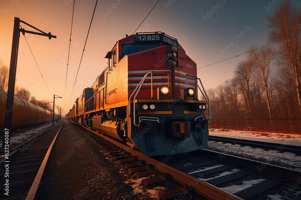 Freight train, transportation of railway cars by cargo containers ...