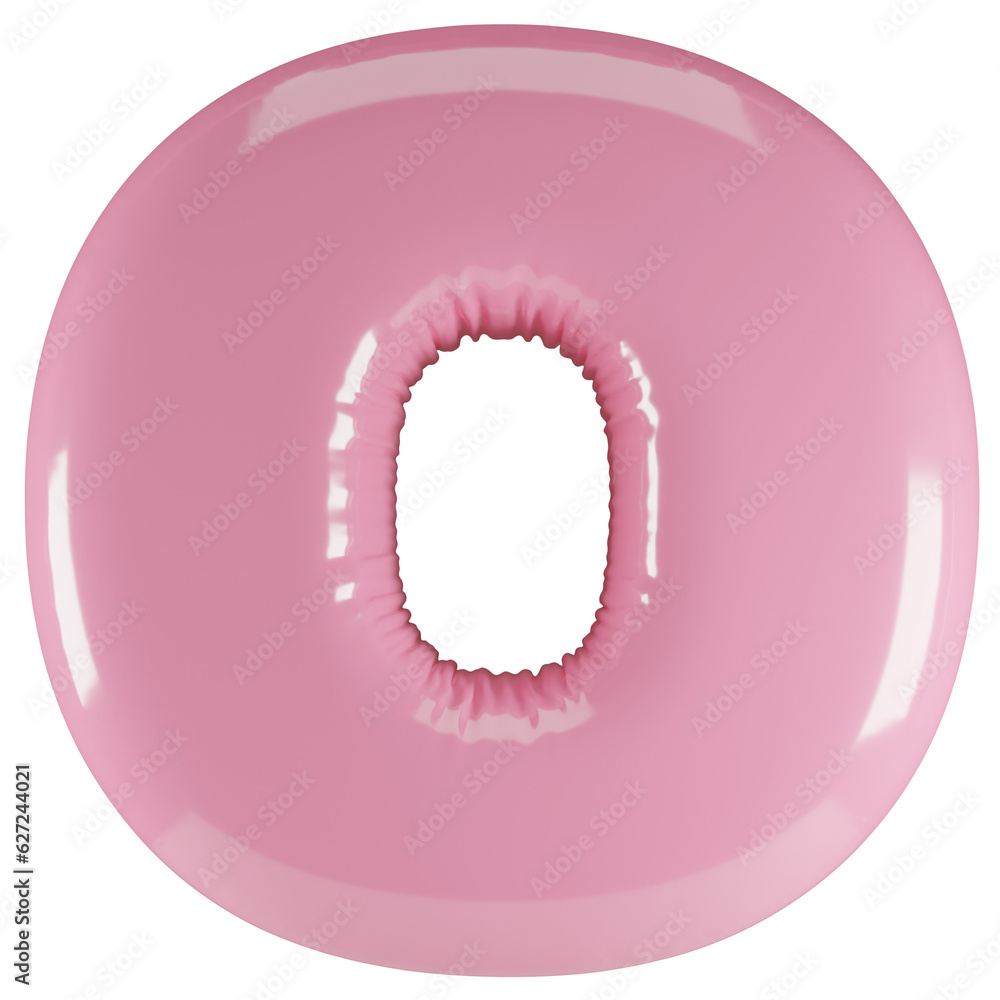 Inflated glossy pink letter O uppercase illustration. 3D render of latex bubble font with glint ...