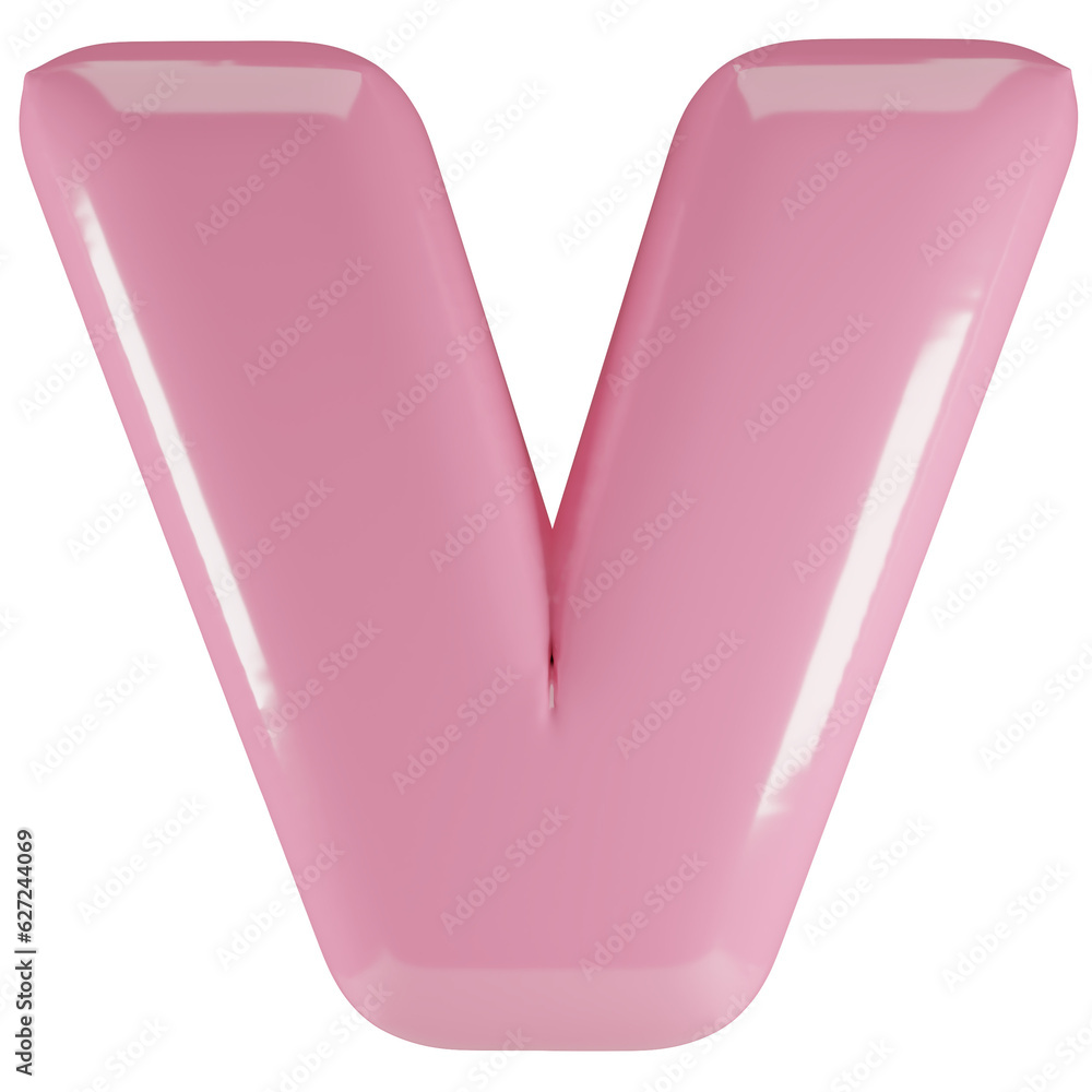 Inflated glossy pink letter V uppercase illustration. 3D render of ...