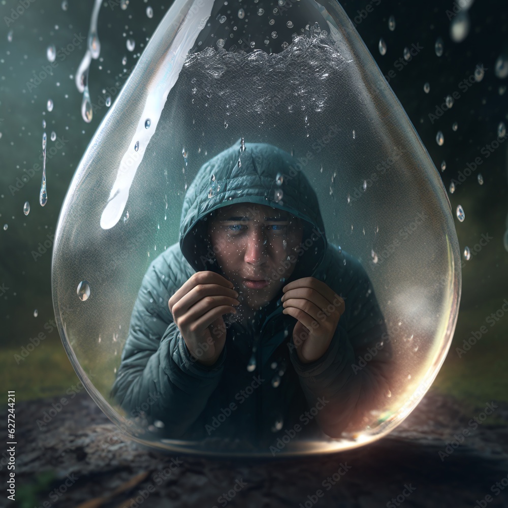 Fictional Dreaming of a Deluded Man in a Bubble of Rain, Trapped in a ...
