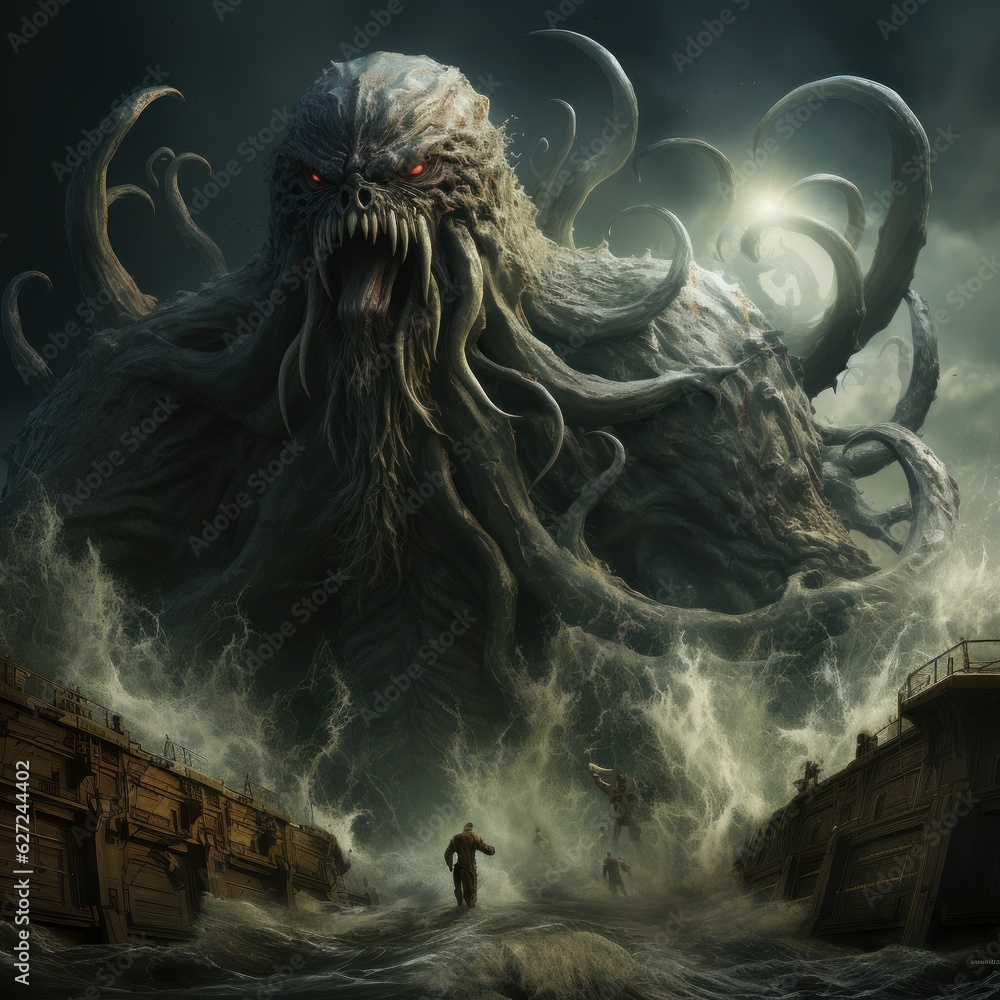 the ancestral creature cthulhu attacking a ship in the middle of a ...