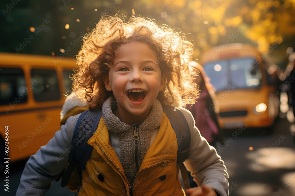 Excited Child Getting Off the School Bus After First Day - Back to ...