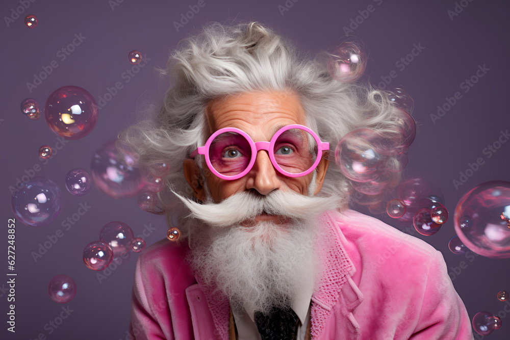 kidult concept photography, funny old man with silver hair, beard and ...