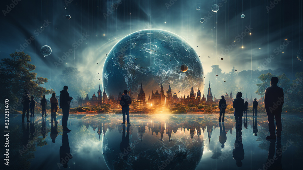 Meeting of people, planet earth with world map, brainstorming for ideas ...