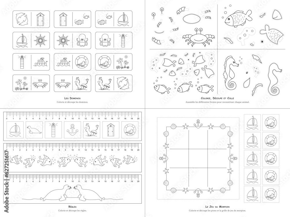 Set of games on the theme of the sea. To color and cut out. Dominoes ...