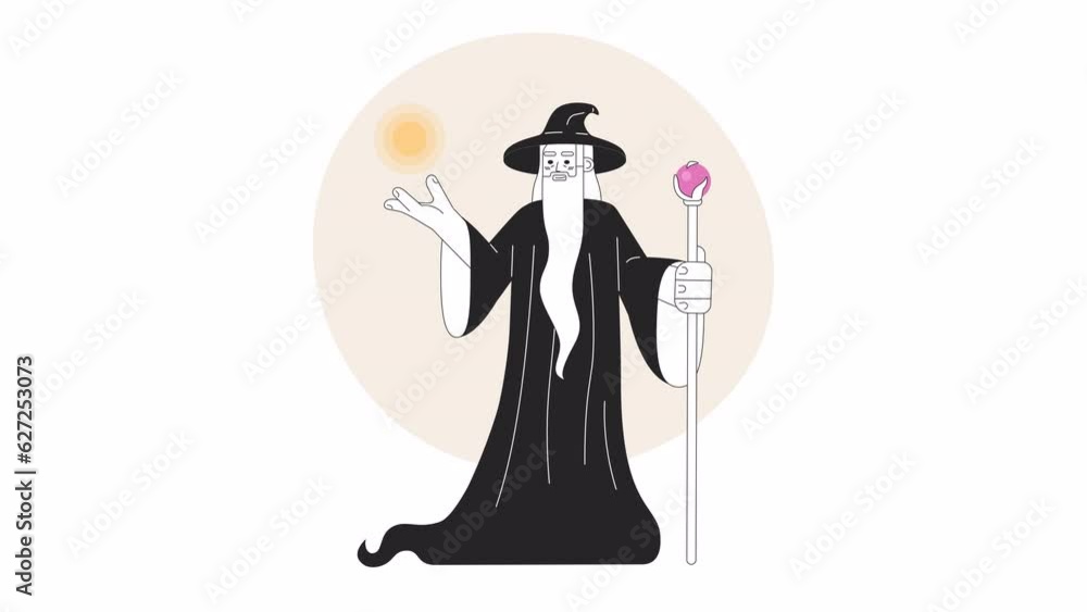 Wizard magic bw 2D animation. Fantasy sorcerer with magic orb 4K video ...