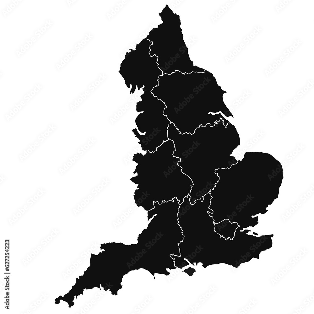 Outline England Map with regions, administrative map of England. UK ...