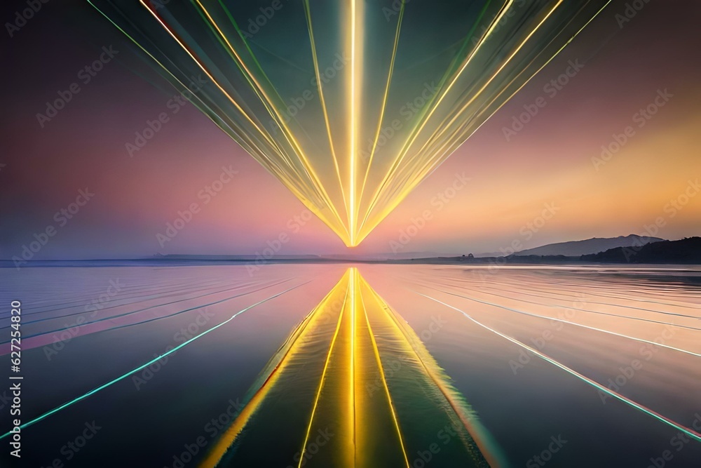 beams of golden light escaping from some point in the ocean , converged ...