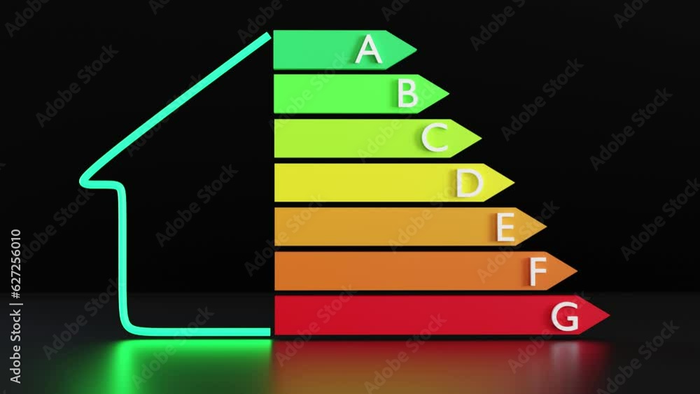 Energy efficiency rating chart and house on black background ...