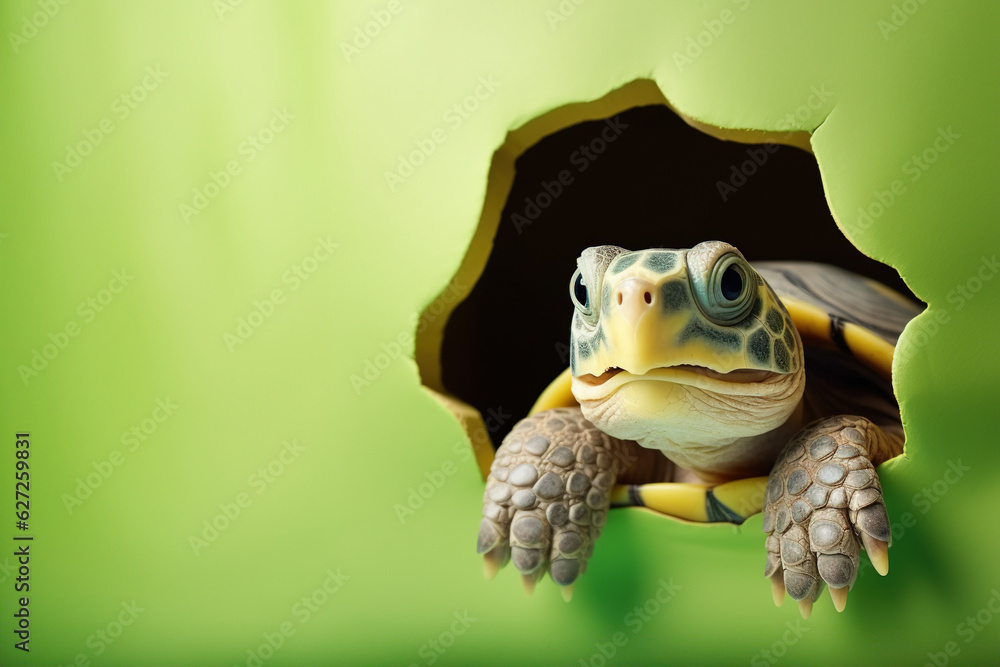 Turtle peeks in surprise through a hole in the paper on a pastel green ...