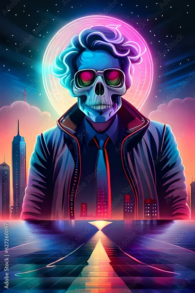 Infernal night, multicolored smoke, neon lighting, futuristic retro ...