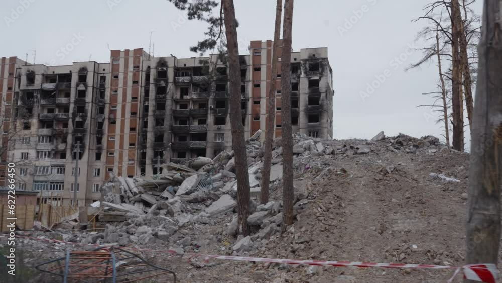 Ruins of a demolished residential building destroyed by russian mortar ...