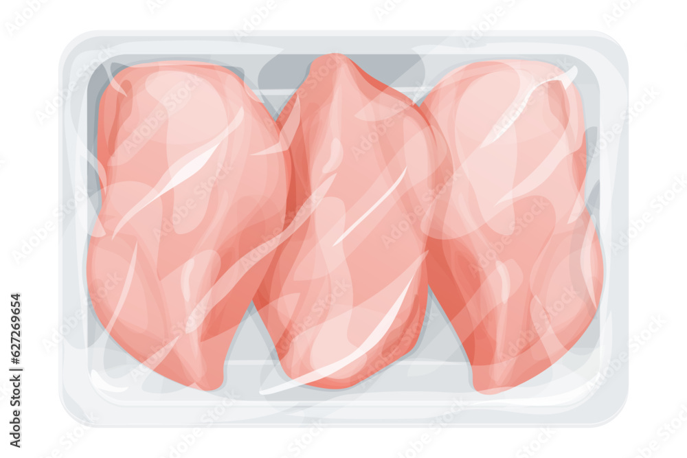 Chicken raw filet in plastic tray, package with poultry in cartoon ...