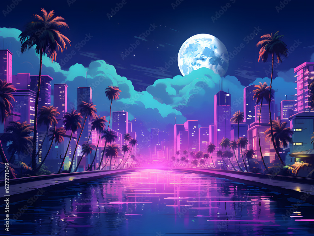 Vaporwave night city landscape Stock Illustration | Adobe Stock