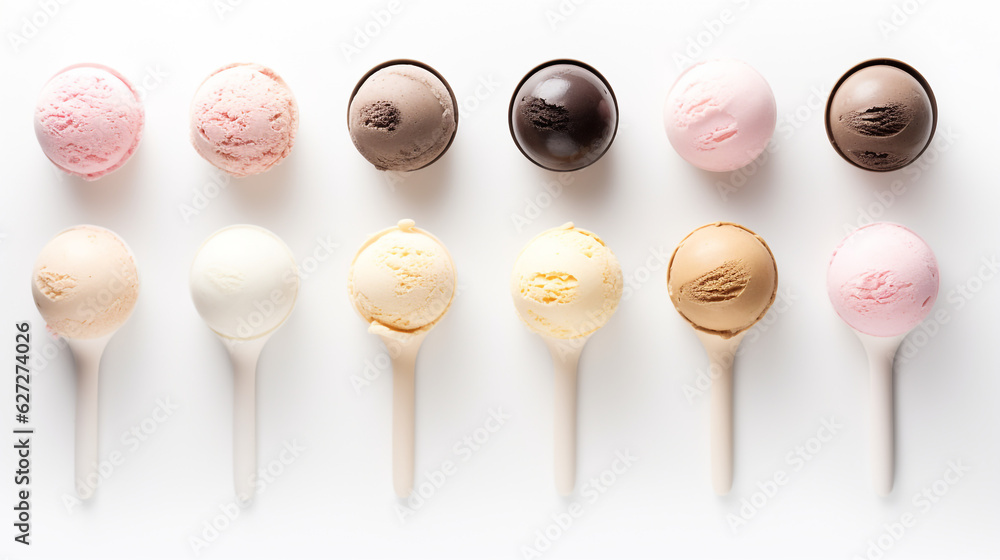 Ice cream scoop ball on white background cutout, top view, many ...