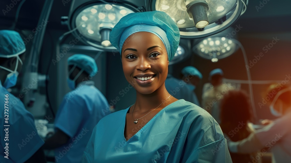 Smiling surgeon black woman in surgical operating room, talented doctor ...