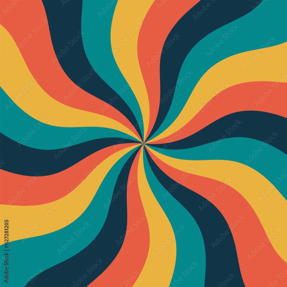 70s retro wavy background. Vintage colorful sunburst backdrop ...