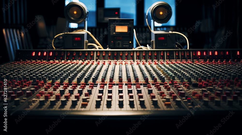 The recording studio's mixing desk showcasing rows of tactile faders ...