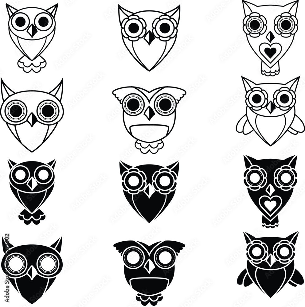 Set of cutecartoon owls illustration. Black and white cute owls cartoon ...