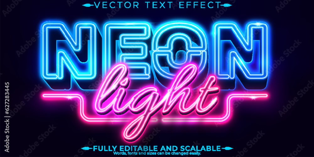 Neon light text effect, editable retro and glowing text style Stock ...