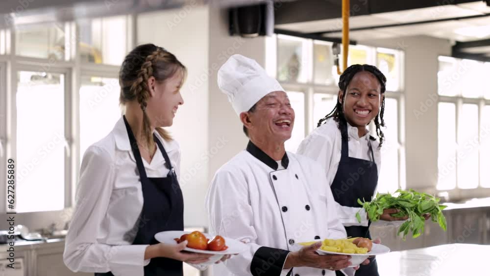 4K, tracking view middle aged man walking with multicultural student ...