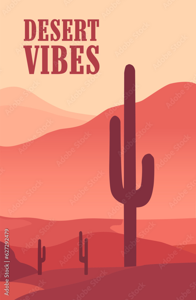 Desert landscape with three cactus Beautiful scenery illustration for ...