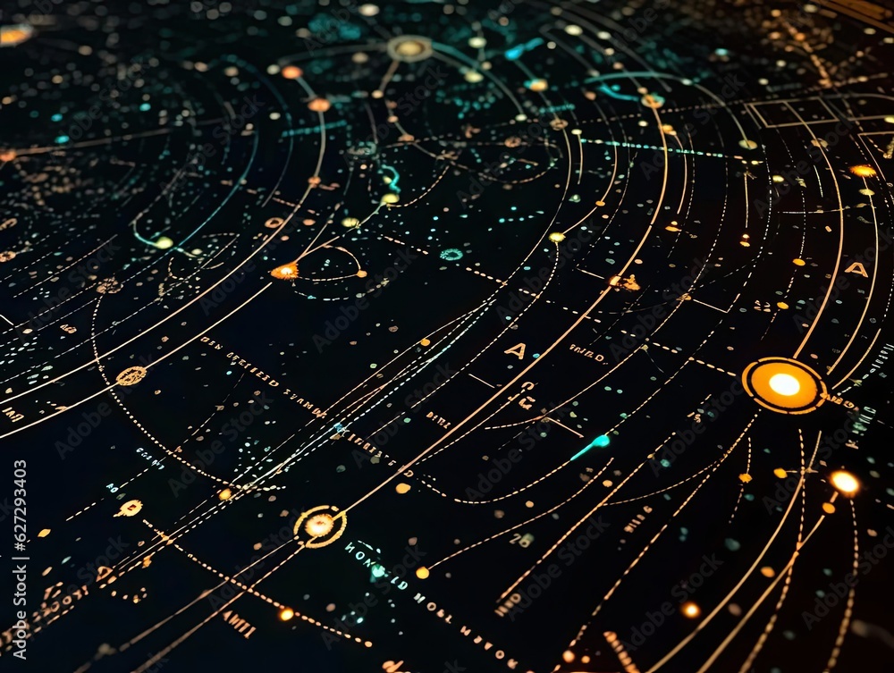 The neon-lit zodiac map emblazoned on the dark background highlights ...