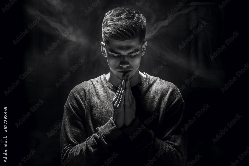 Low-key close up portrait of young serious man with folded hands in ...