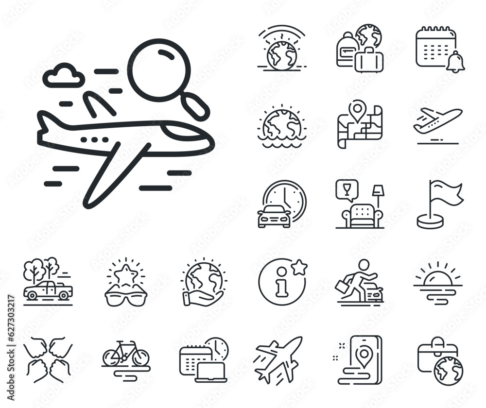 Airplane with magnifying glass sign. Plane jet, travel map and baggage ...
