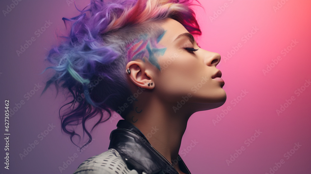 Young Rebellious Woman With Pink Pastel Mohawk Side Profile. LGBTQ+ ...
