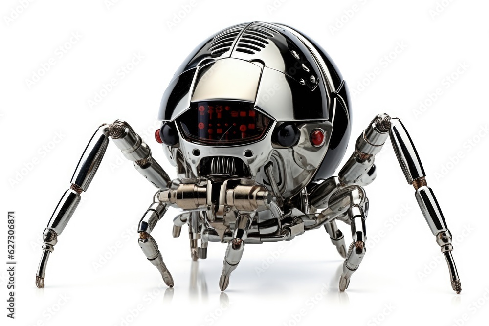 Reconnaissance robot spider, shiny steel nanodroid with micro cameras ...