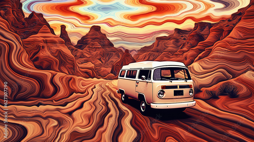 Painting of a vw bus with desert scenery at sunset, in the style of ...
