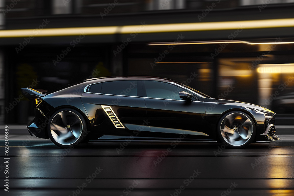 futuristic car fast driving on modern downtown background. Concept of ...